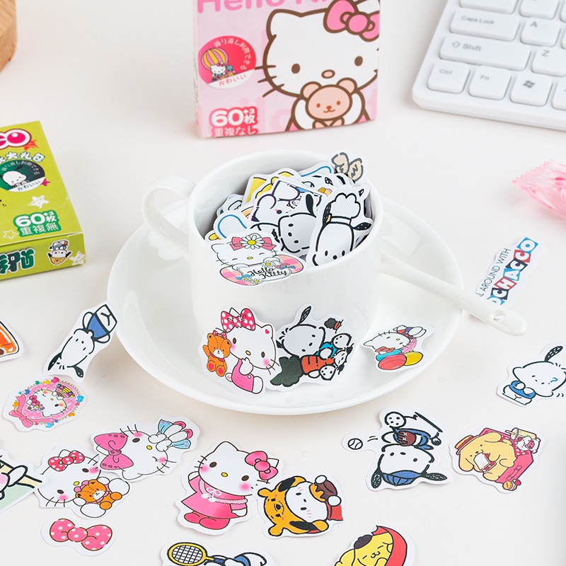 60pcs Cute Hello Kitty Sticker Set Anime Pompompurin Sanrio Handbook ...