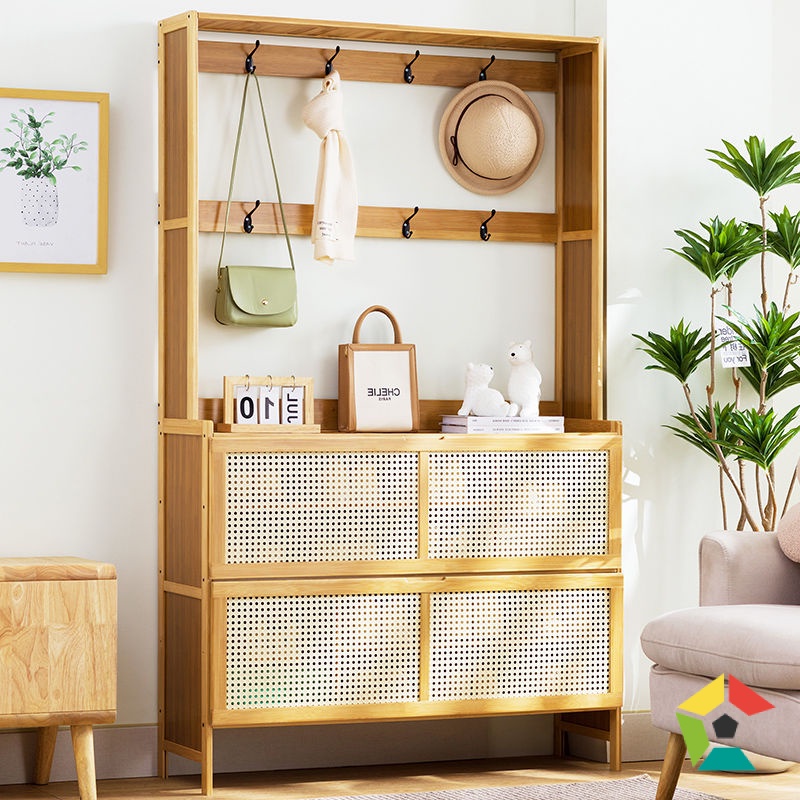 Bamboo coat rack with shoe cabinet Multifunctional shoe rack Multi ...