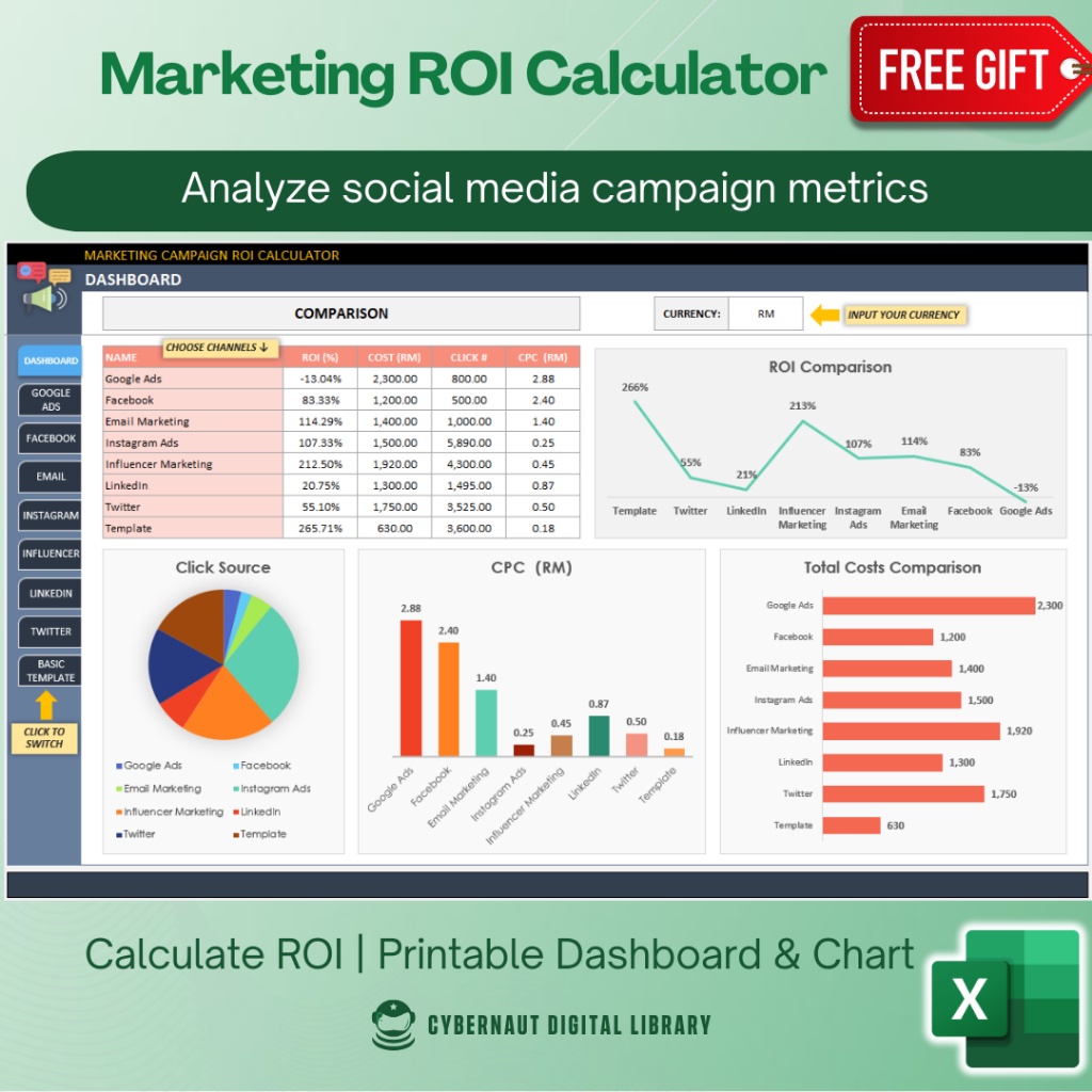 Excel Template - Marketing ROI Calculator (Free 12-in-1 Bundle Excel ...