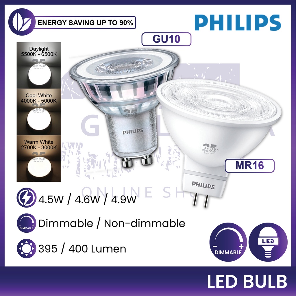 PHILIPS Essential LED Bulb GU10 4.6W 4.9W Dimmable MR16 Bulb 4.5W Non ...