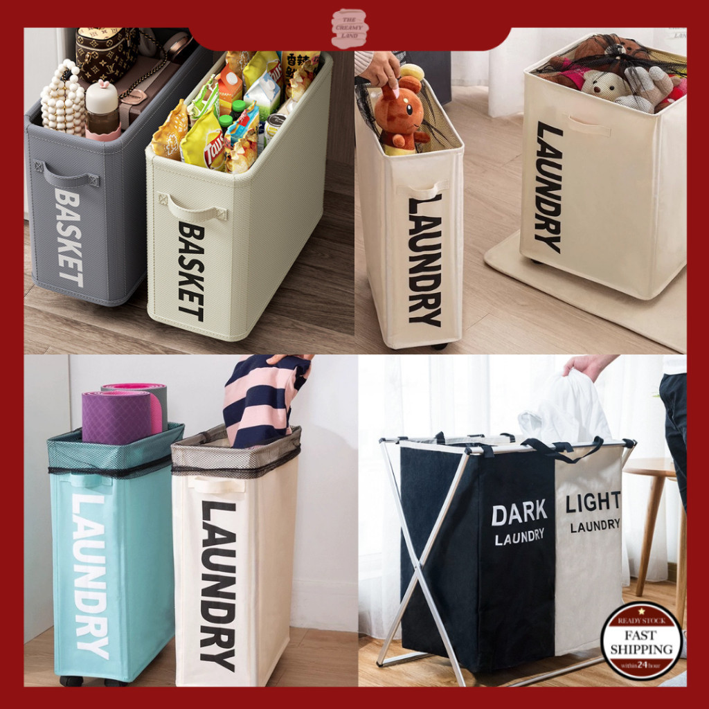 28L/45L/80L/90L Laundry Clothes Storage Basket with Wheels Handle Foldable Besar Bakul Beroda ...