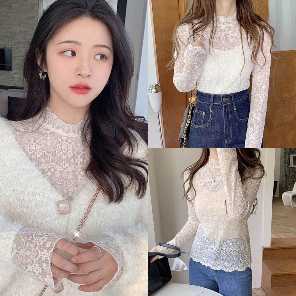 FC 3-Color High-Neck Long-Sleeved Lace See-Through Blouse Climbing Collar Back Button No Lining ...