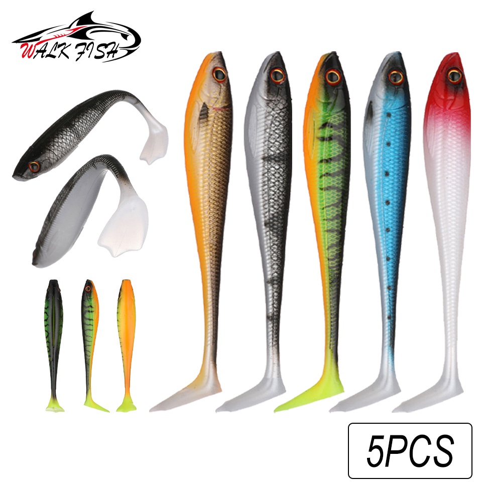 WALK FISH 5PCS/LOT Fish Shape T-Tail Soft Bait 90MM/5.4G 3D Eyes ...
