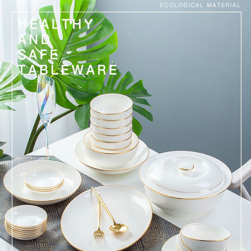 Pure White Ceramic Plate set Round dinner plate Gold Edge Dinner Plate ...