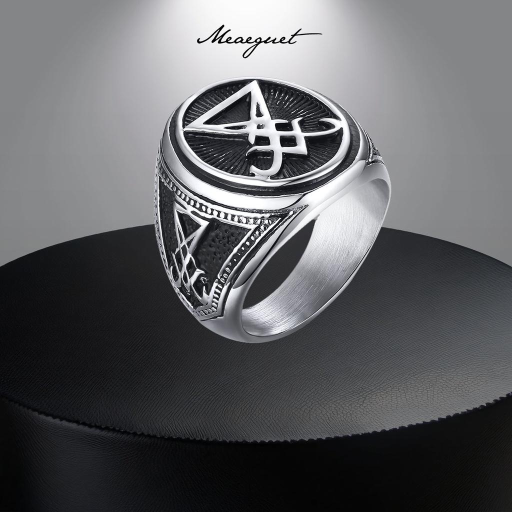 Meaeguet Gothic Silver Ring Lucifer Satan Ring for Men Stainless Steel ...