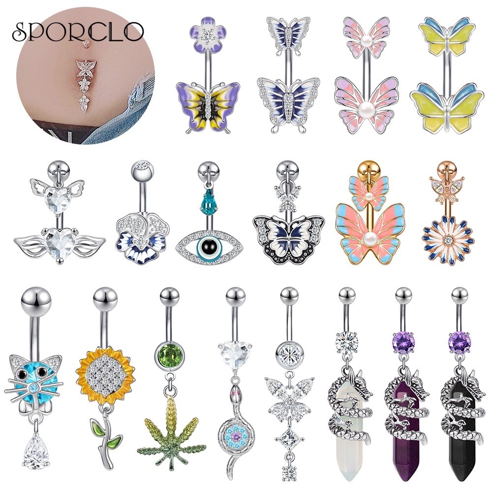 SPORCLO 1 PC Stainless Steel Butterfly Shape Belly Button Piercings Crystal Belly Navel Rings ...