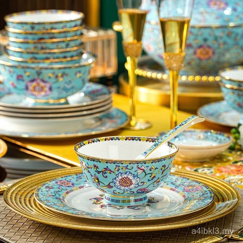 Set Alat Makan Porselin Enamel Biru dan Emas Mewah untuk Kegunaan Rumah ...