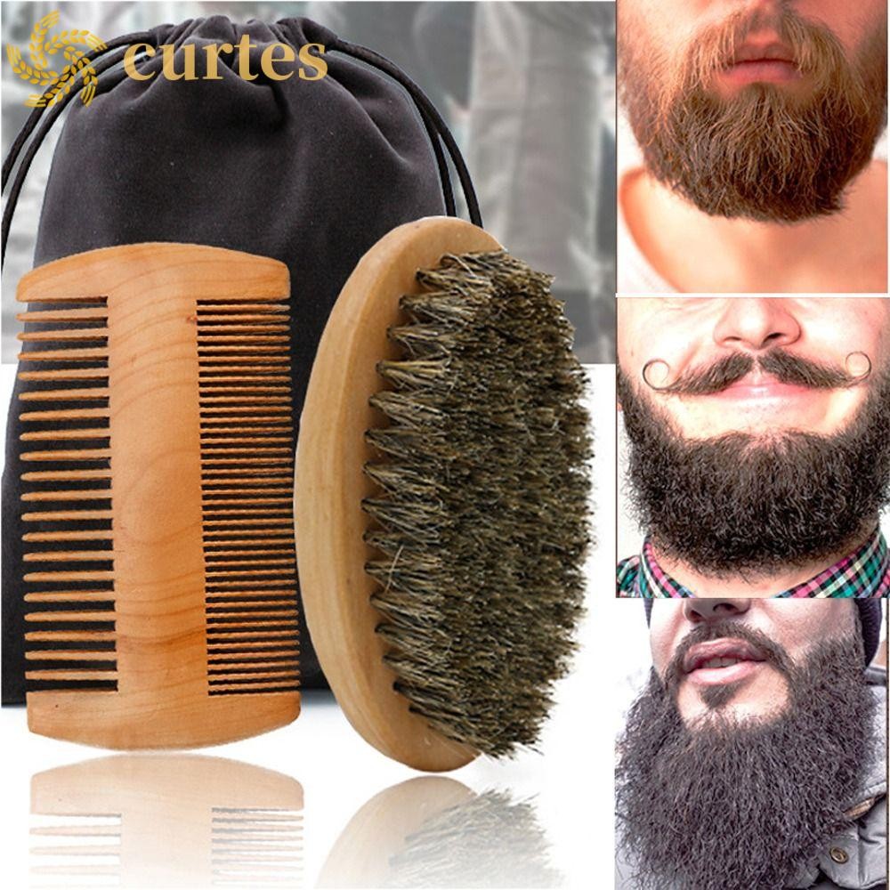 CURTES 2/3pcs Men Mustache Comb Kit, Boar Bristle Wood Beard Brush and ...
