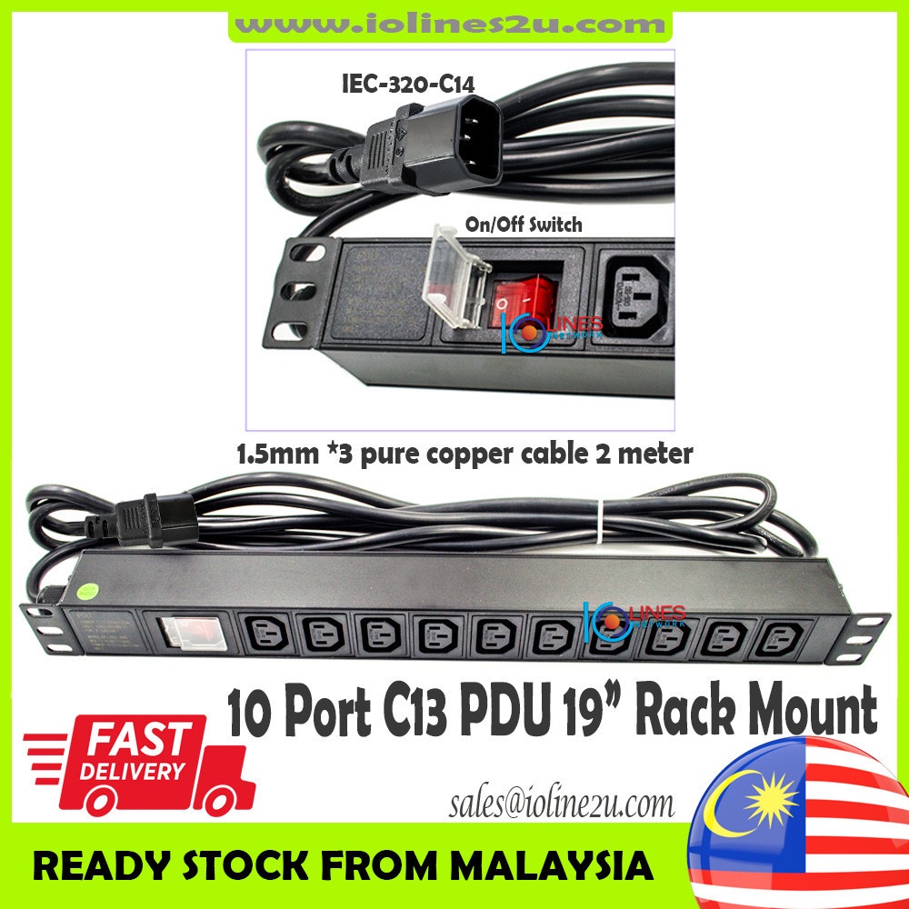 10 Way C13 1U Rack mount 19" IEC PDU IEC-320-C13 PORT OUTPUT & C14 INPUT 10A 2m 1.5mm copper ...