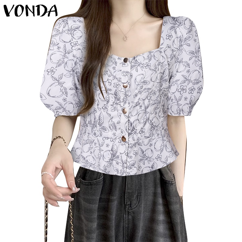VONDA Women Korean Square Collar False Front Puffed Sleeve Cuff Crease Texture Print Shirts ...