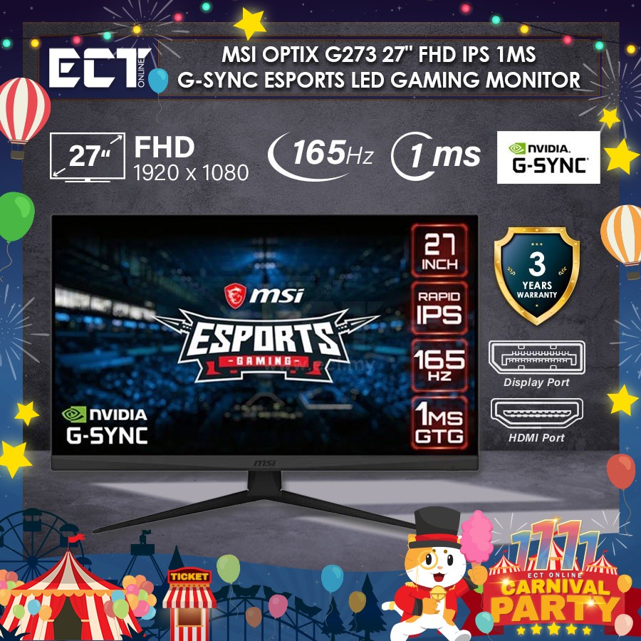 MSI Optix G273 27" FHD (1920 x 1080) IPS 1ms 165Hz G-Sync eSports LED Gaming Monitor (DP,HDMI ...