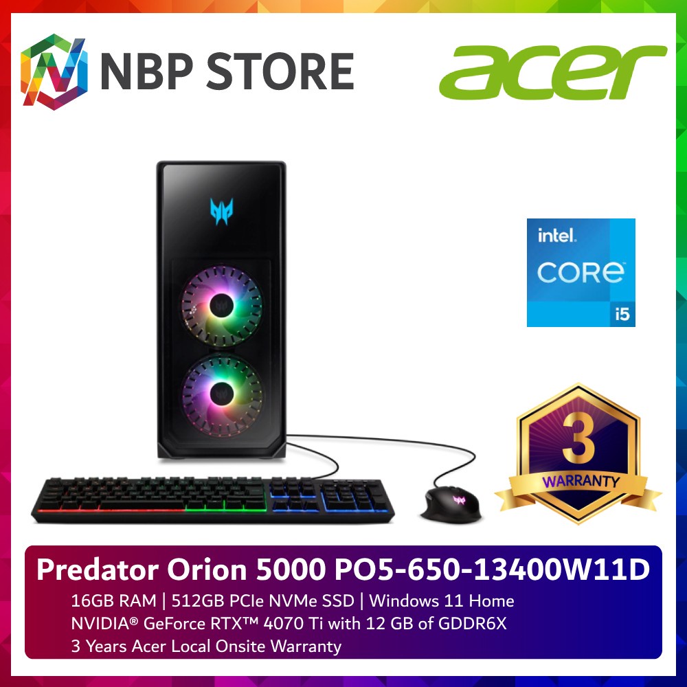 Acer Predator Orion 5000 PO5-650-13400W11D Gaming Desktop PC ( I5-13400F, 16GB, 512GB SSD, RTX ...