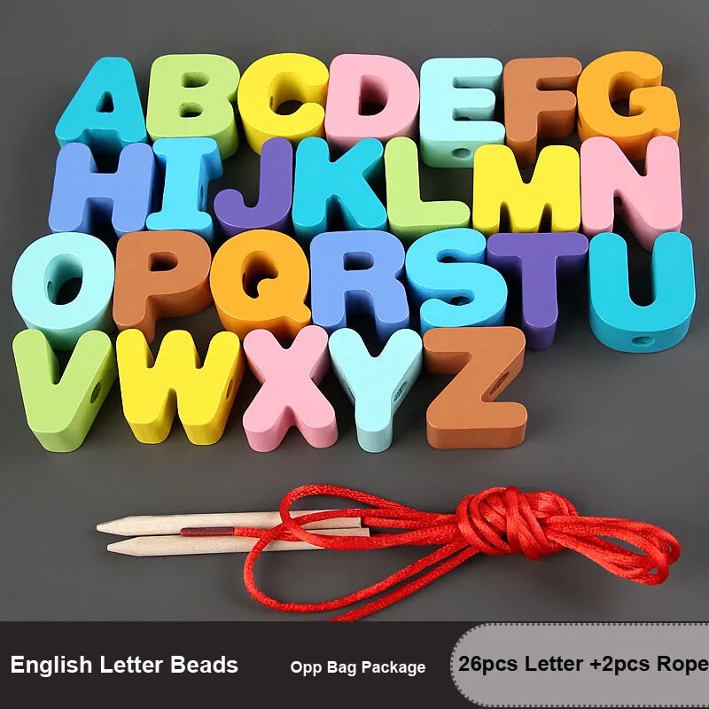 Montessori Wooden String Beads For Children Number & Alphabet Lacing ...