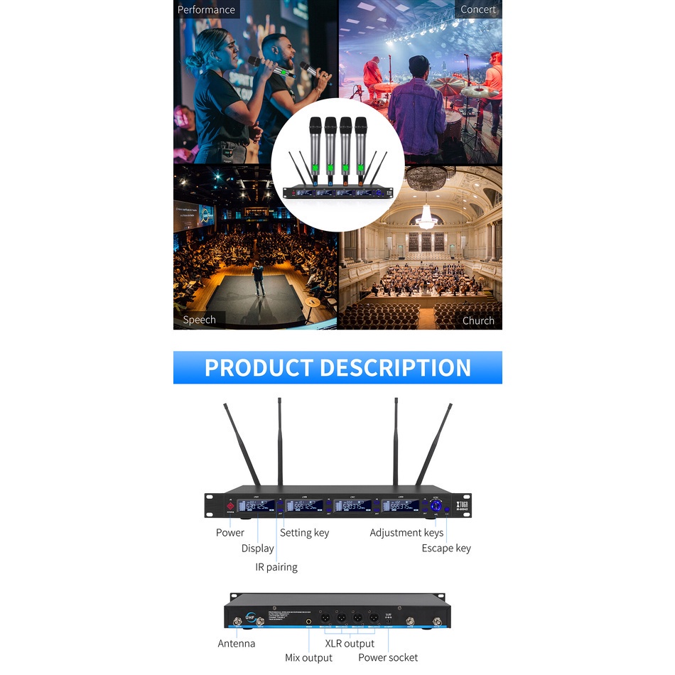 [UK PLUG] XTUGA wireless handheld microphone professional 4-channel UHF multi-group frequency ...