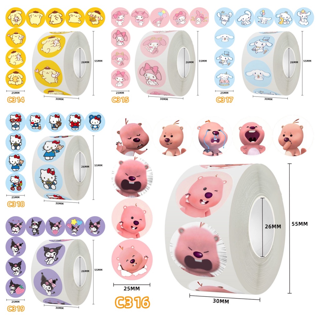 500PCS/Roll Sanrio Mymelody HelloKitty Kuromi Pompompurin Cinnamoroll ...