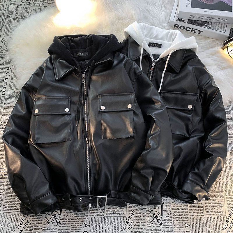 Hooded Fake Two-Piece Jacket Unisex Leather Jacket Women Windproof ...