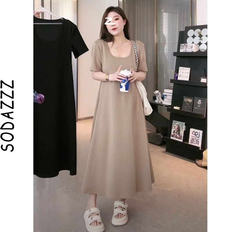 Oversized Plus Size 150KG Women's Loose U-Neck Short Sleeve Dress Mid ...