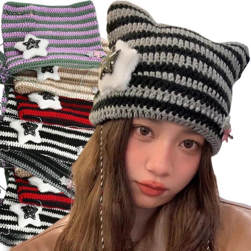 Handmade Y2K Japanese Cat Ear Striped Star Beanies Hat with Pom-pom ...