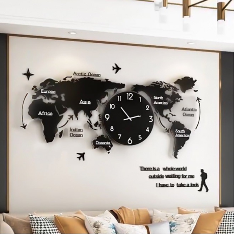 World Map Wall Clock Acrylic Material Large Wall Clock European Style ...