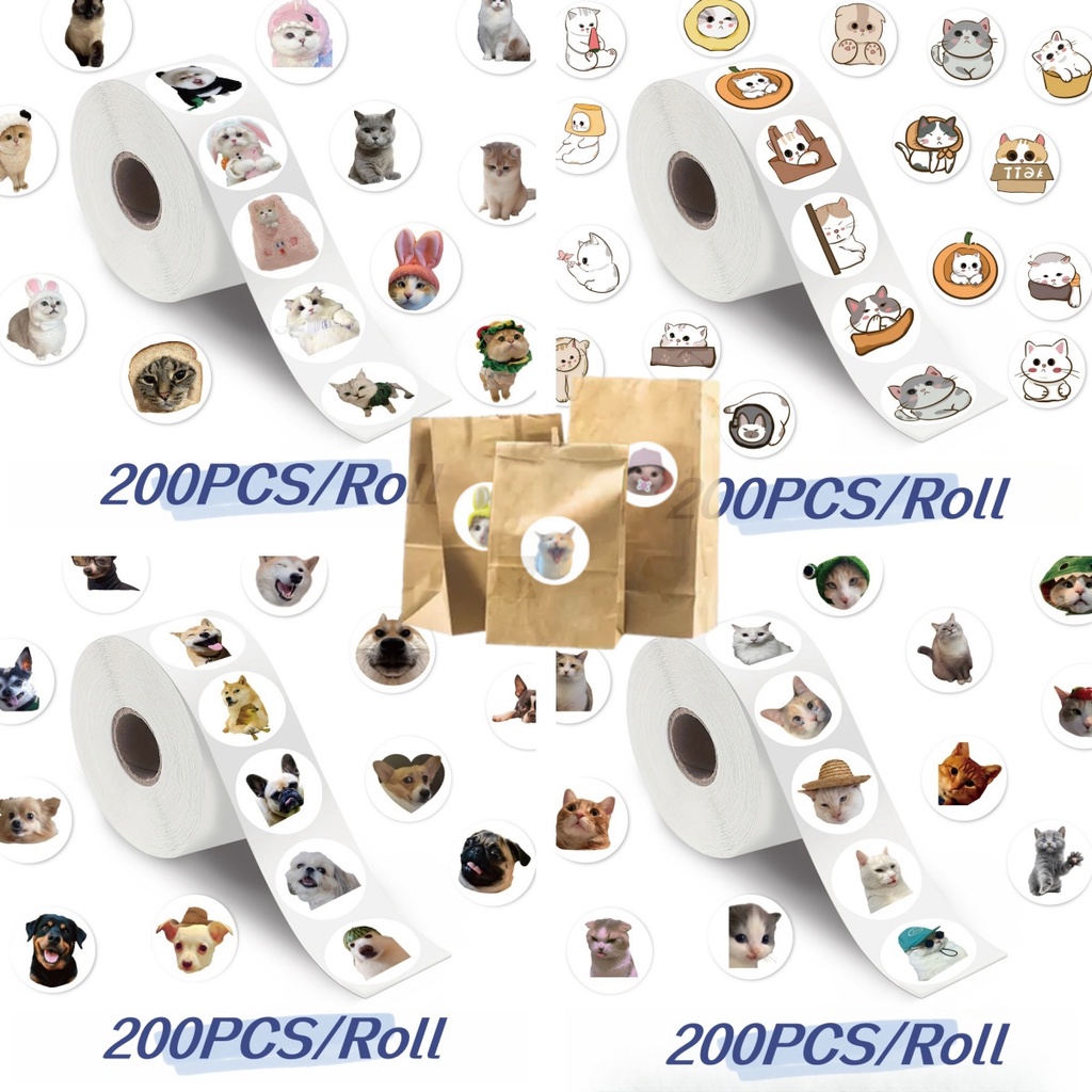 200PCS/Roll Cute Cats and Dogs Circular Sealing Stickers For Helmet ...