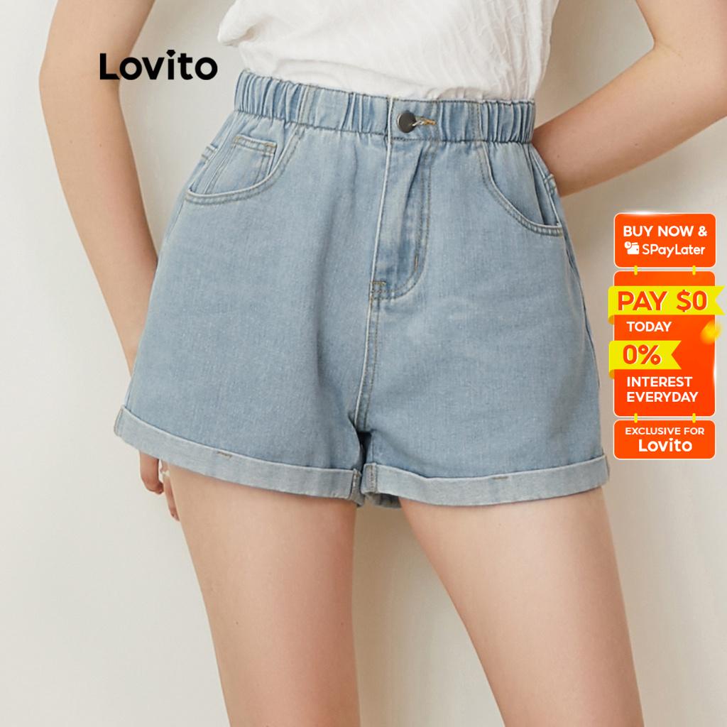 Lovito Casual Plain Elastic Waist Side Pocket High Waist Roll Hem Denim