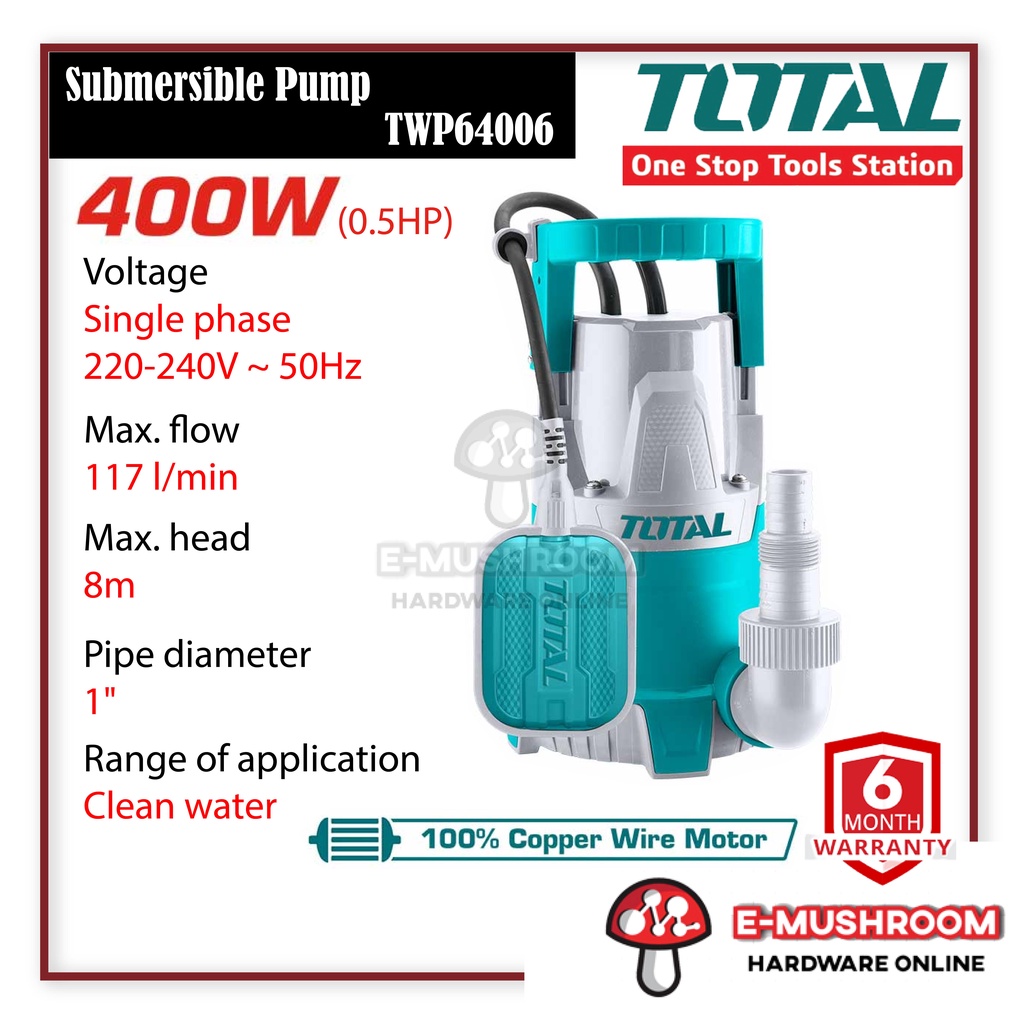 Total TWP64006 Submersible Pump 400W (0.5HP) Sewage Water Pump | Shopee ...
