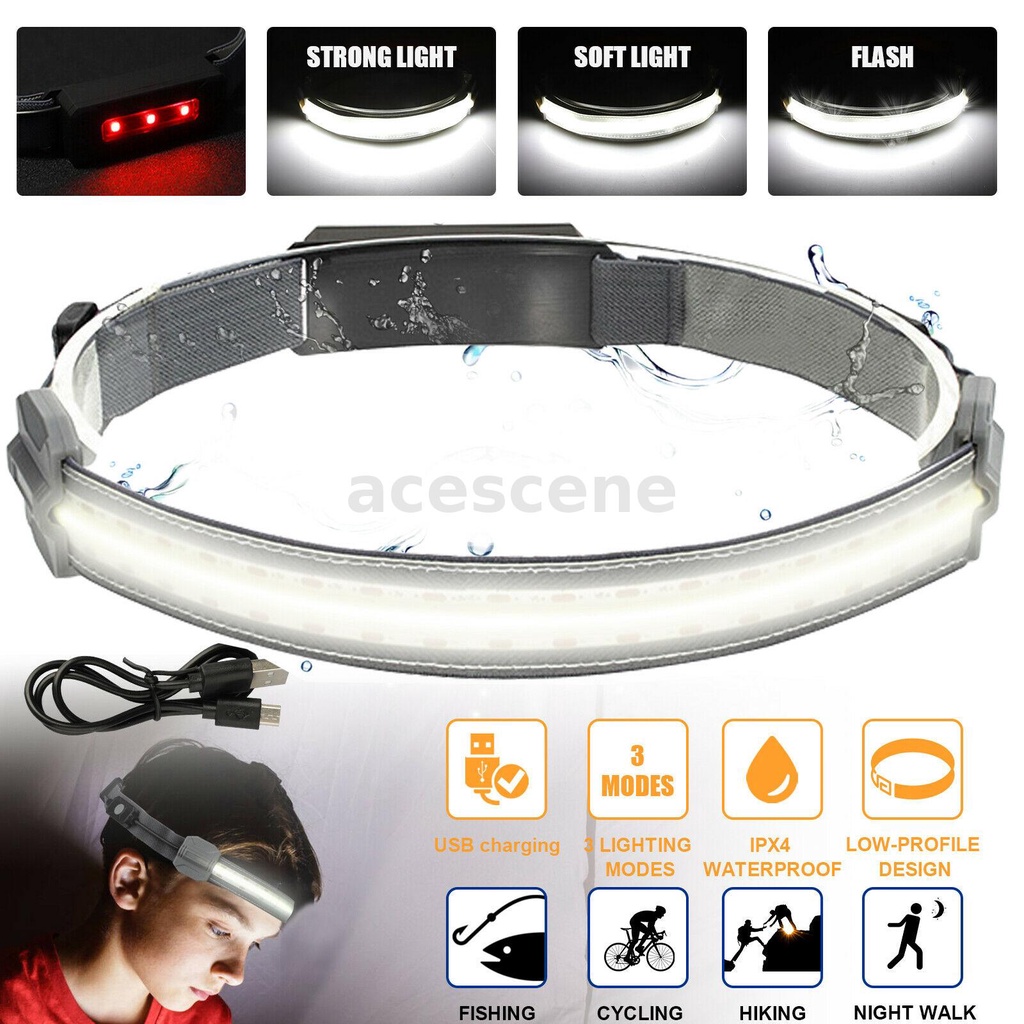 COB+LED Headlamp Headlight Torch Flashlight Work Light Bar Head Band ...