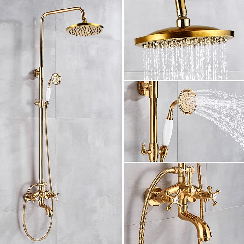 Polished Gold Brass Exposed Shower Faucet Set 8 Inch Rainfall Head Handheld Spray Tub Spout ...