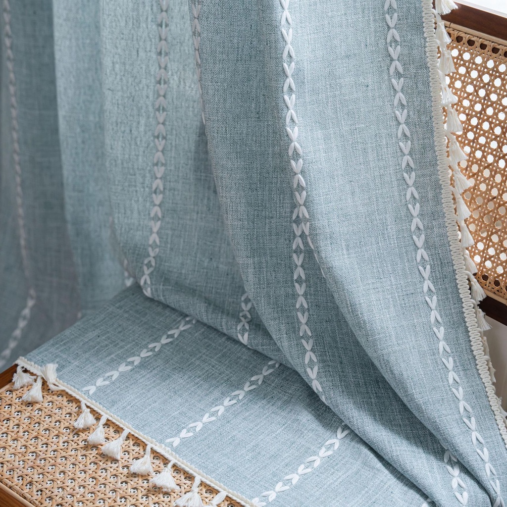 Blue Linen Curtain with Tassels Embroidery Lines Blue Cotton Linen ...