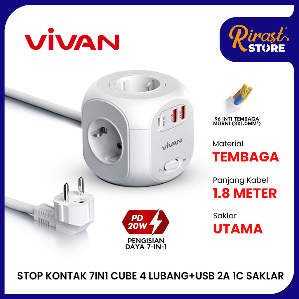 Rirast - VIVAN VPS-H008A STOP CONTACT 7IN1 CUBE 4 HOLES + USB 2A 1C SWITCH | Shopee Malaysia