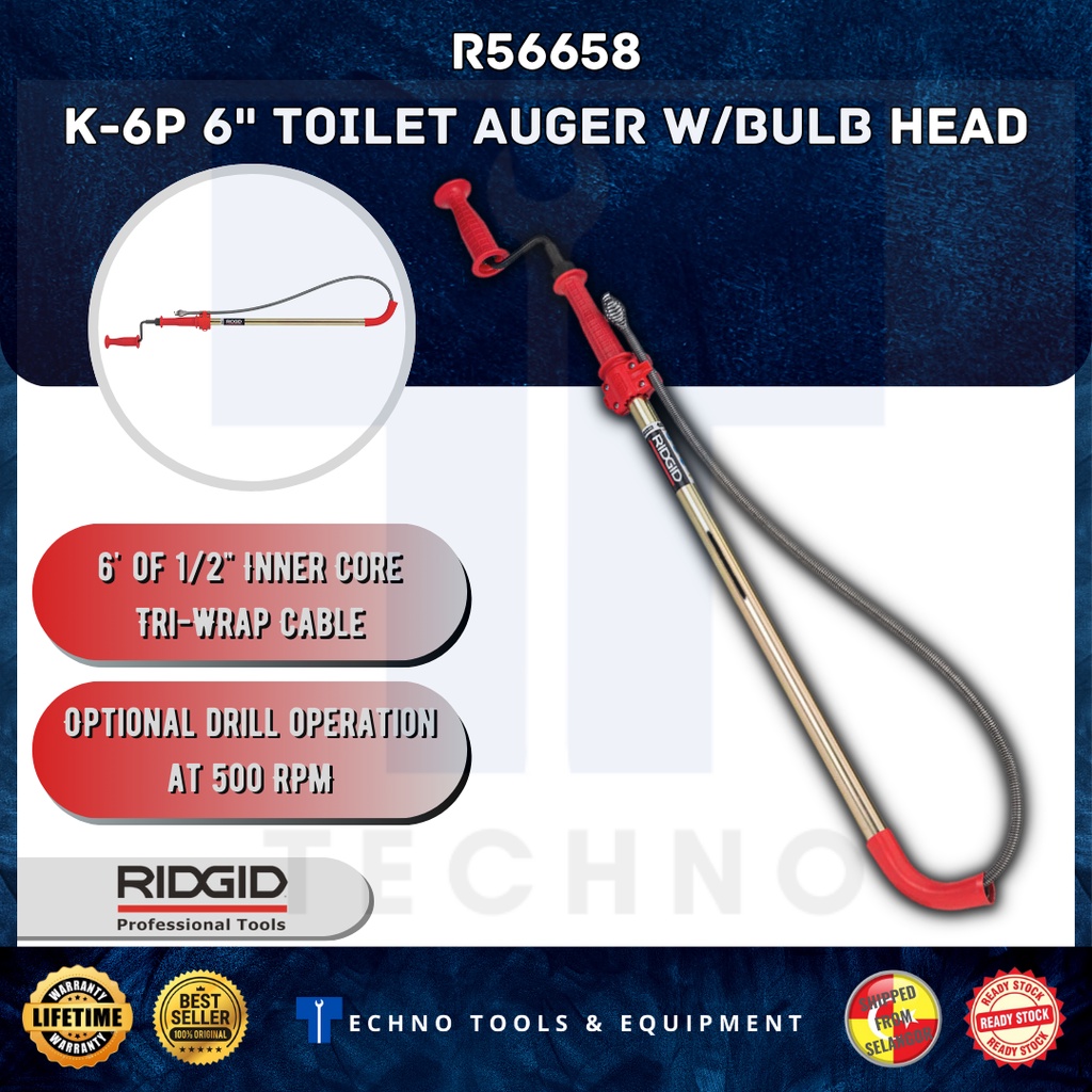 RIDGID K-6P (56658) 6 ft. Toilet Auger with Bulb Head and Heavy Duty ...