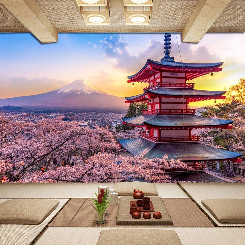 Custom Japanese Style Cherry Blossom Fuji Mountain Landscape Mural ...