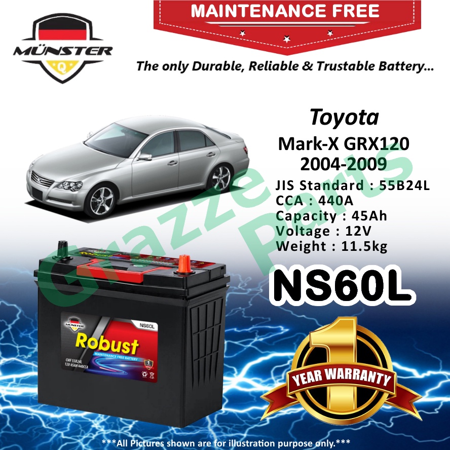 Münster Robust MF CMF NS60L | 55B24L (45AH) Car Battery Bateri Kereta Toyota Mark-X MarkX GRX120 ...