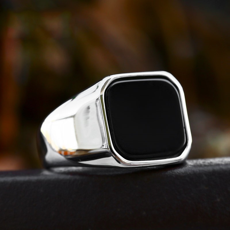 Men Ring Simple Punk Silver Polished Titanium Steel Square Black Agate ...