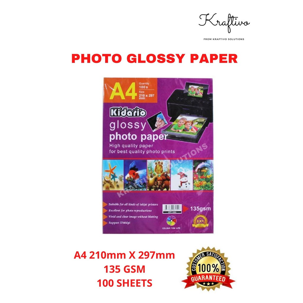 A4 KIDARIO 135 GSM GLOSSY PHOTO PAPER / KERTAS PHOTO GLOSSY 100S / WATERPROOF / QUICK DRY / CAKE ...
