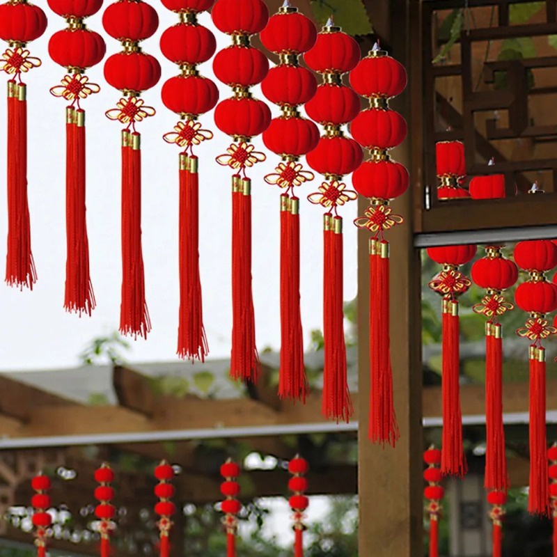 Red Flocking Lanterns String Traditional Chinese New Year Hanging ...