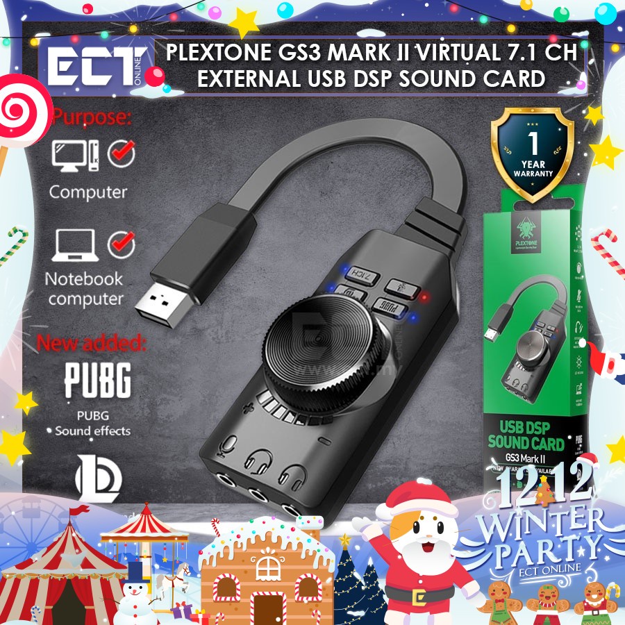 Plextone GS3 Mark II Virtual 7.1 Channel External USB Sound Card Adapter Converter with DSP ...