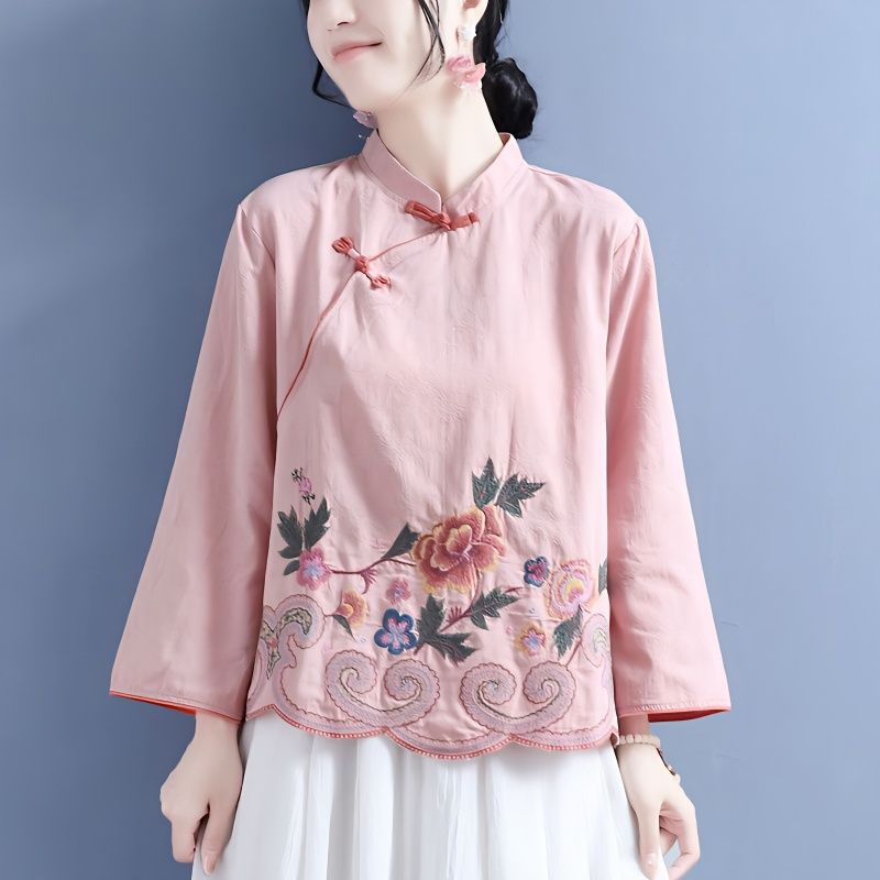 Chinese Style Top Women Literary Retro Stand-Up Collar Long-Sleeved ...