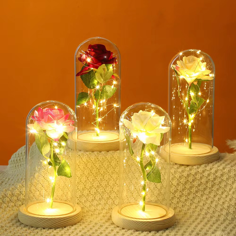 Artificial Flower Rose with LED Light In Glass Dome Gifts for Mothers ...