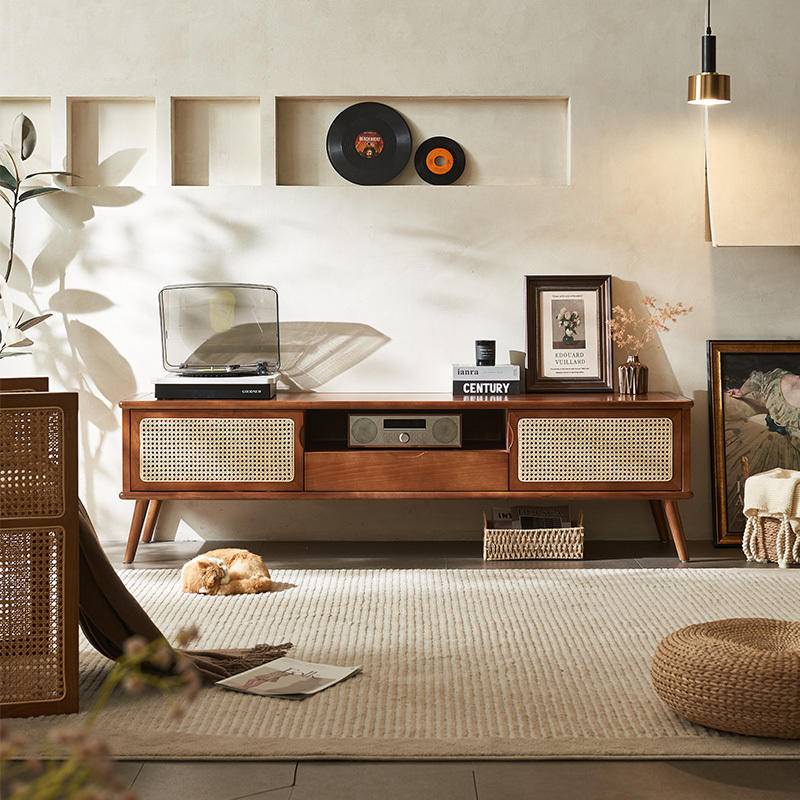 Customized Japanese Style Solid Wood Rattan Woven TV Cabinet, Small ...