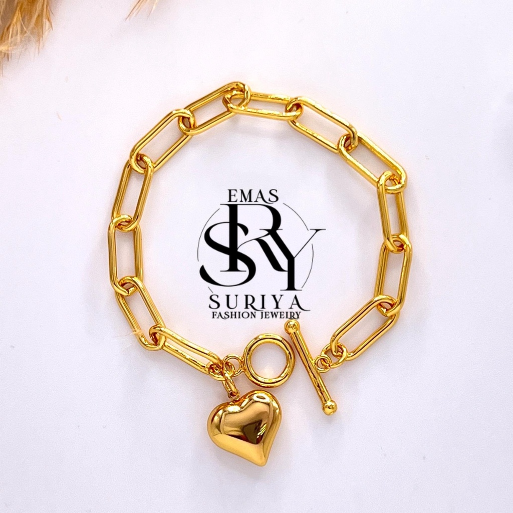 Emas Suriya Gelang Bracelet Rantai Tangan Paperclip Love Gantung Tepi ...