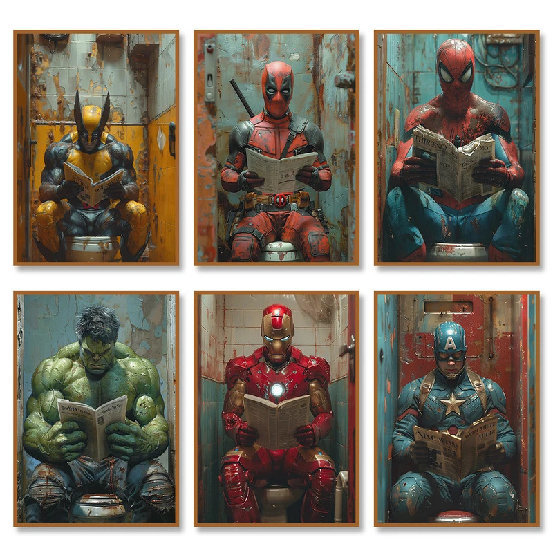 Marvel Super Hero Toilet Poster Spiderman Deadpool Wolverine Hulk ...