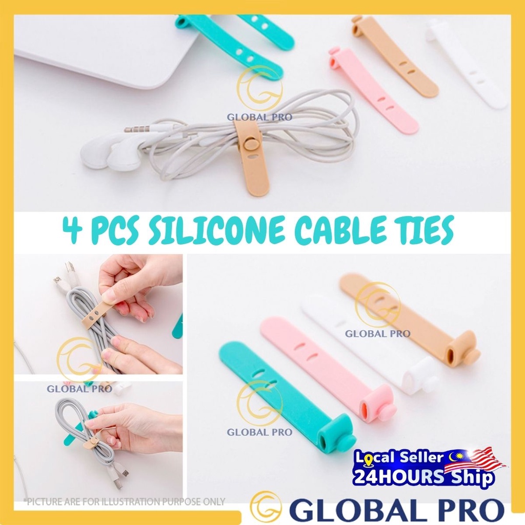 [4pcs] Cable Tie Silicone Colorful Reusable Wire Ties Strap Organizer ...