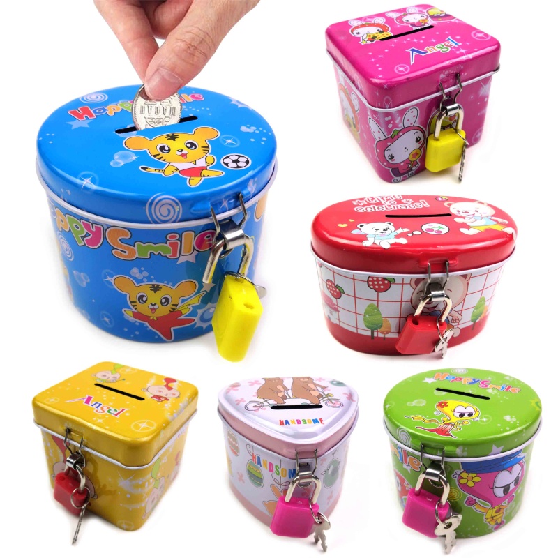 Random Cartoon Piggy Bank with Padlock Coins Bank Box Saving Tabung ...