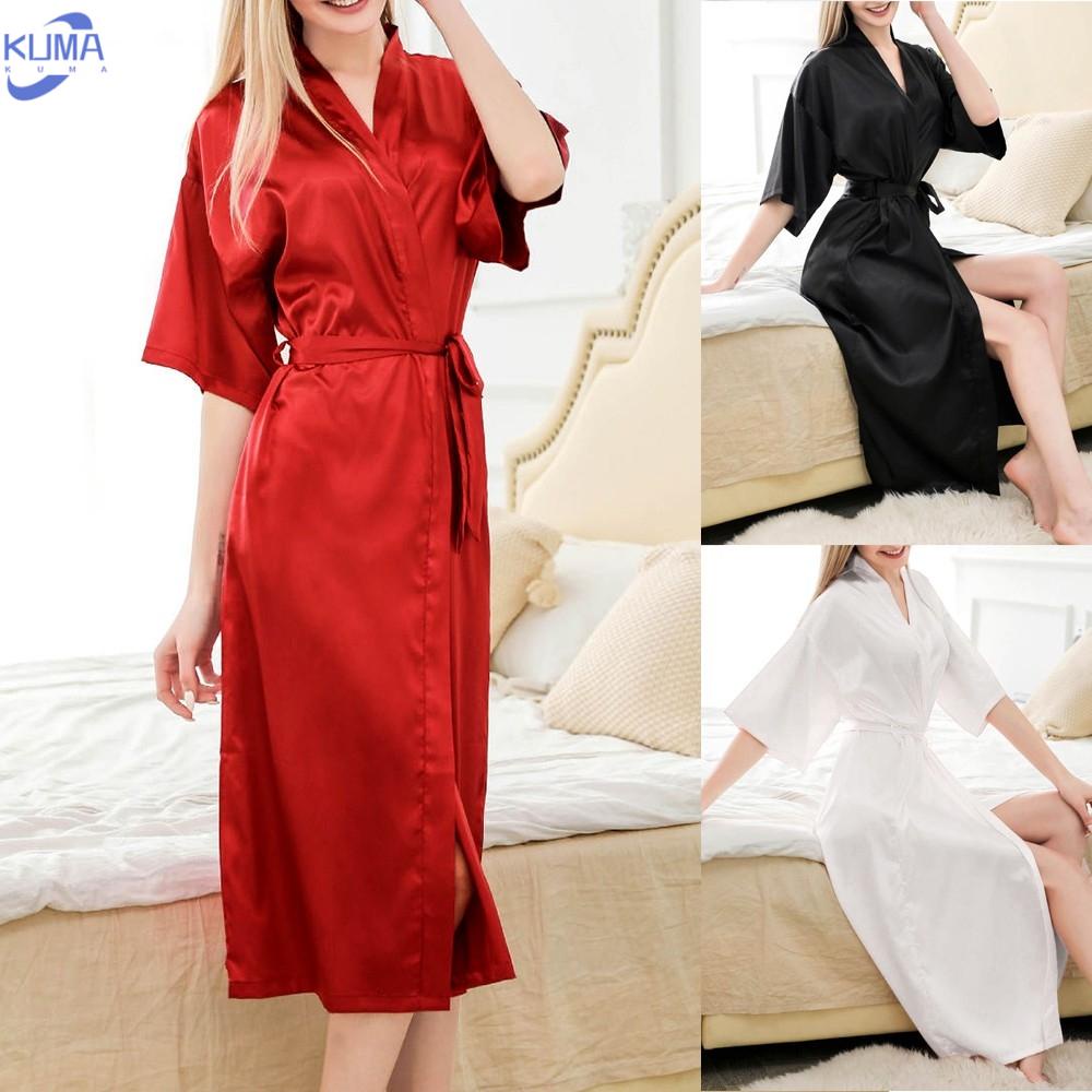 KSD Bathrobe Nightdress Loose Robe Satin Silk Short Sleeve Sleepwear ...