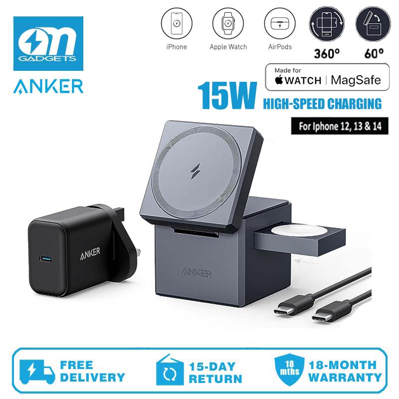 Anker Y1811 New 3-in-1 Cube Compatible with MagSafe, 15W Fast Charging Foldable Wireless Charger ...