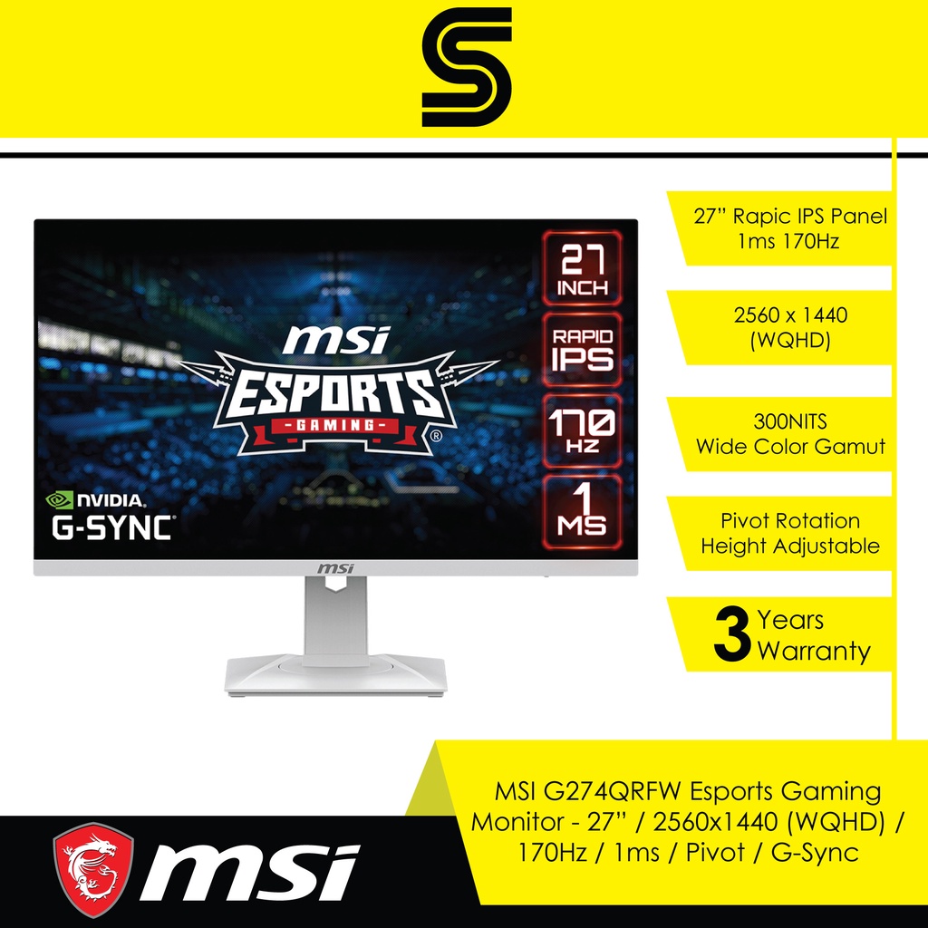 MSI G274QRFW Esports Gaming Monitor - 27” / 2560x1440 (WQHD) / 170Hz ...