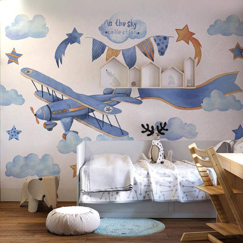 Custom 3d Cartoon Plane Children's Room Wall Paper Mural Boy's Bedroom ...