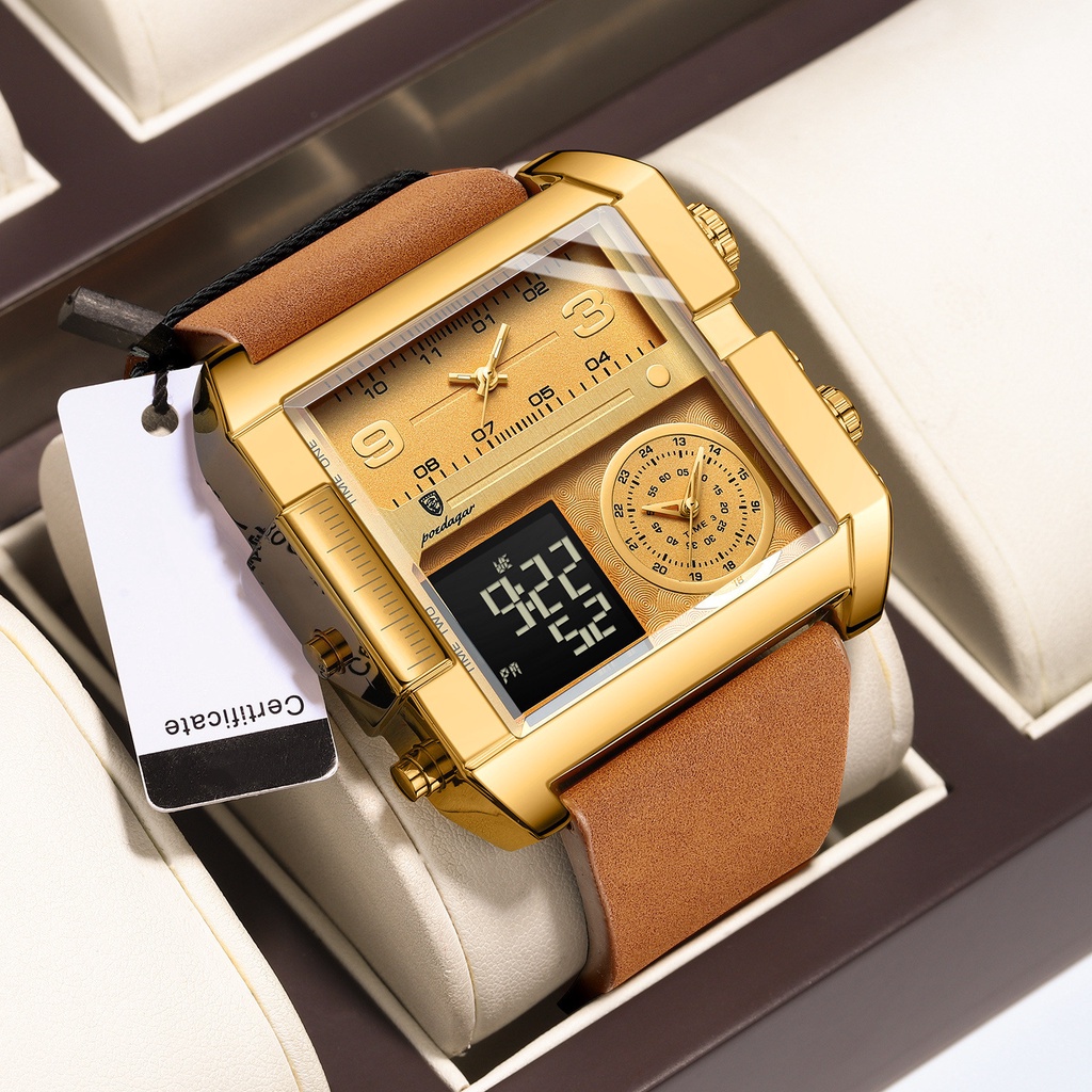 POEDAGAR Luxury rectangular digital multifunctional and multi time zone ...