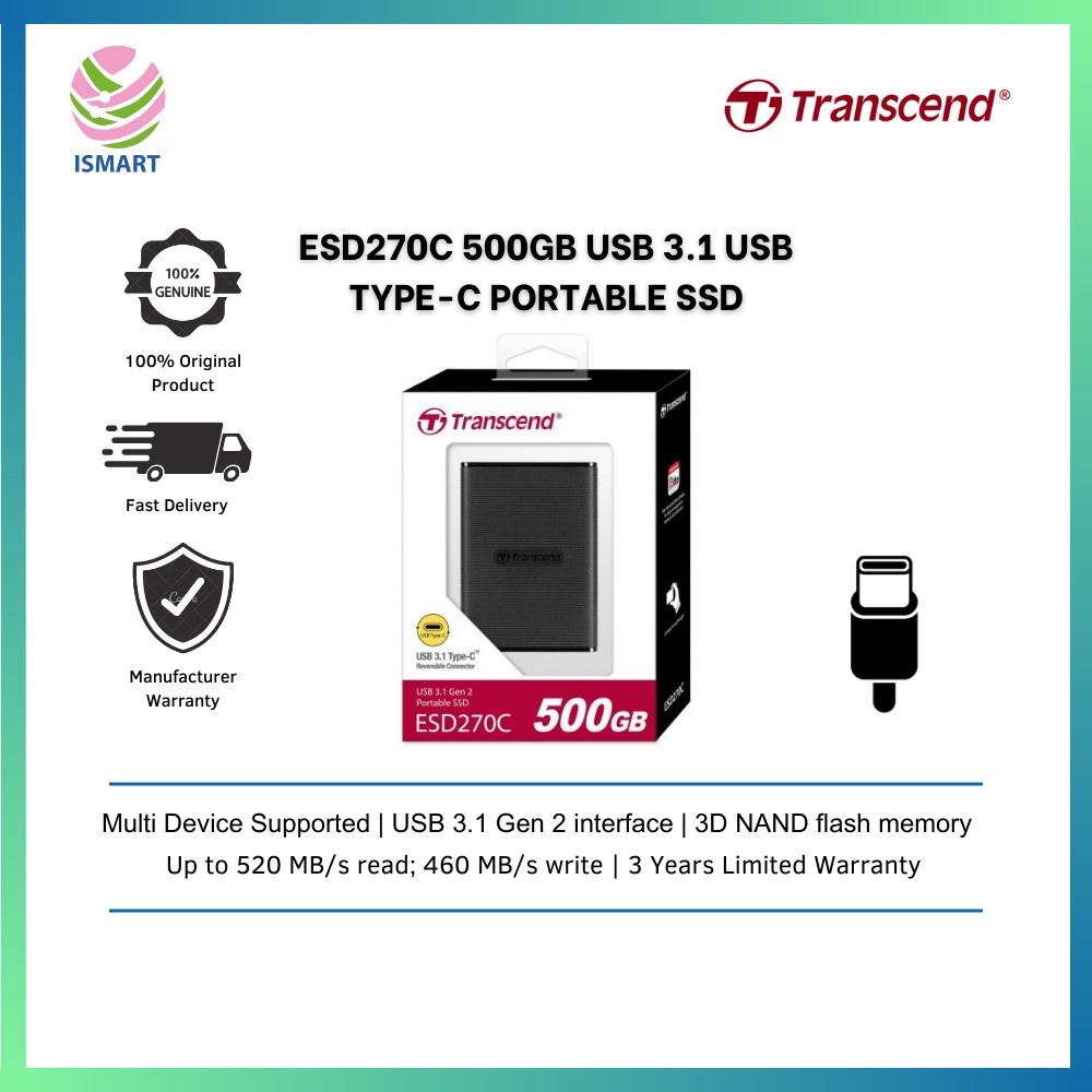 TRANSCEND ESD270C 500GB USB 3.1 TYPE-C EXTERNAL SSD | Shopee Malaysia